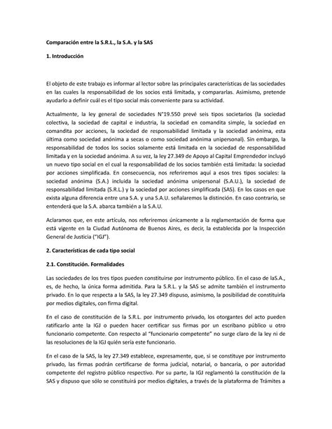 Comparación entre la SA SRL y SAS Comparación entre la S R la S