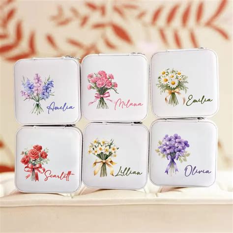 Personalized Name Birth Flower Jewelry Box Pu Leather Flower Bouquet