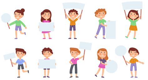 만화 아이들은 배너 빈 플래카드와 귀여운 아이들을 개최합니다 빈 종이 배너 벡터 일러스트 세트를 들고 어린 소년과 소녀 광고