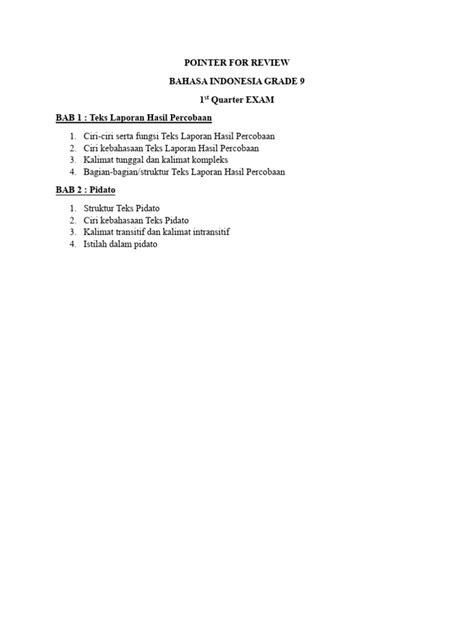 Pointer Bahasa Indonesia Grade 9 1st Quarter Exam Pdf