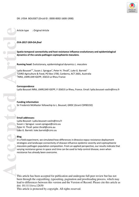 Pdf Spatio Temporal Connectivity And Host Resistance Influence