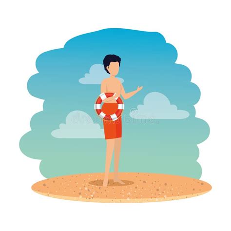 Young Man With Swimsuit And Float On The Beach Stock Illustration Illustration Of Resort