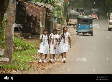 Sri Lanka Typical Views Along Route A1 Between Colombo And Kandy Local Schoolgirls In Uniform