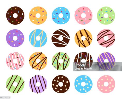 흰색 배경에 놓인 플랫 화려한 도넛 평면도 뚱뚱한 건강에 해로운 구운 젖빛 크림 디저트 치료 핑크 초콜릿 토핑 도넛 컬렉션 신선한 장식 된 여러 스낵 벡터 그림입니다 개체