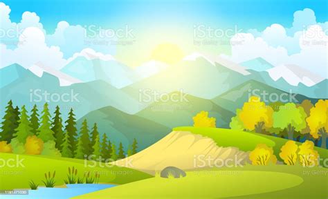 向量插圖美麗的夏日田野景觀與黎明綠色的山丘明亮的彩色藍天鄉村背景在平面卡通風格橫幅向量圖形及更多天空圖片 天空 太陽 太陽光 Istock