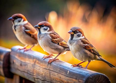 Fierce Sparrow Defends Its Territory On Wooden Railing Blurred Flock Companions Suggest A Moment