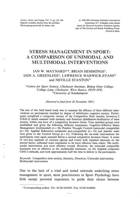 Pdf Stress Management In Sport A Comparison Of Unimodal And