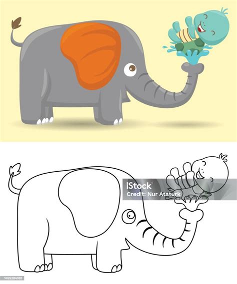 만화 코끼리와 거북이가 물놀이 색칠하기 책 또는 페이지의 벡터 그림 거북이에 대한 스톡 벡터 아트 및 기타 이미지 거북이