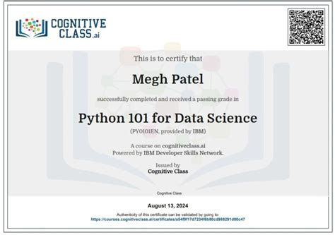 Earned Python For Data Science Certificate Megh Patel Posted On The