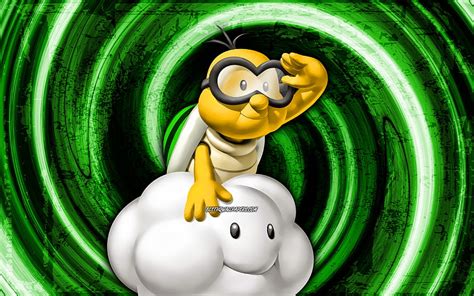 Lakitu Green Grunge Background Vortex Super Mario Cartoon Wizard