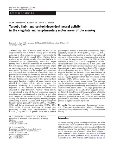 Pdf Target Limb And Context Dependent Neural Activity In The Cingulate And Supplementary