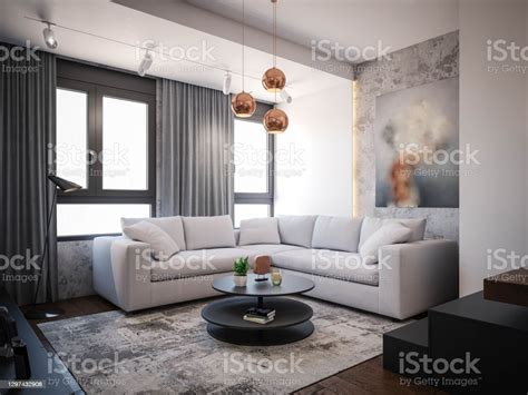 인테리어 디자인 아키텍처 컴퓨터는 거실의 이미지를 생성 아키텍처 시각화 3d 렌더링 3차원 형태에 대한 스톡 사진 및 기타 이미지 Istock