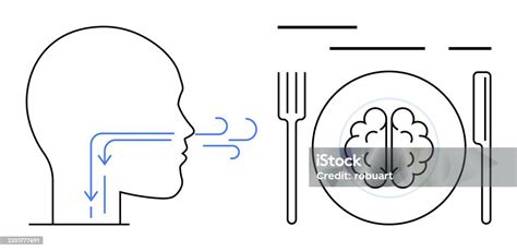 숨쉬는 화살과 뇌를 가진 인간의 머리는 라인 아트의 포크와 나이프 옆 접시에 있습니다 Mental Wellbeing에 대한 스톡 벡터 아트 및 기타 이미지 Mental