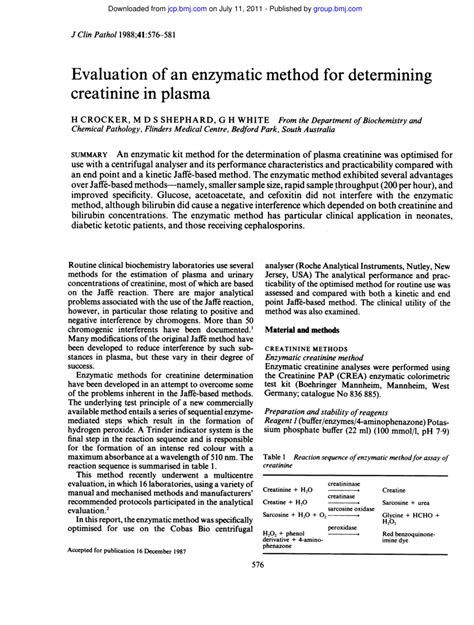 Pdf Evaluation Of An Enzymatic Method For Determining Creatinine In Plasma