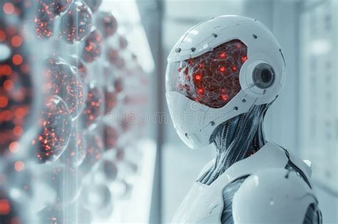 Futuristic Humanoid Robot Examines Advanced Technology In A Modern Laboratory Environment Stock