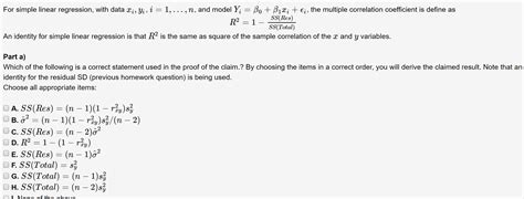 Solved For Simple Linear Regression With Data Xi Yi