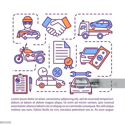 텍스트와 자동차 보험 개념 아이콘입니다 충돌로 인한 자동차 손상을 복구합니다 자동 도난 보험 Ppt 페이지 벡터 템플릿입니다 브로셔 잡지 선형 일러스트가 있는 소책자 디자인