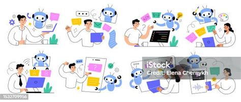 Ai를 사용하여 콘텐츠를 만드는 사람들 텍스트 예술 비디오를 만드는 인공 지능 손으로 그린 작곡 세트입니다 귀여운 로봇과