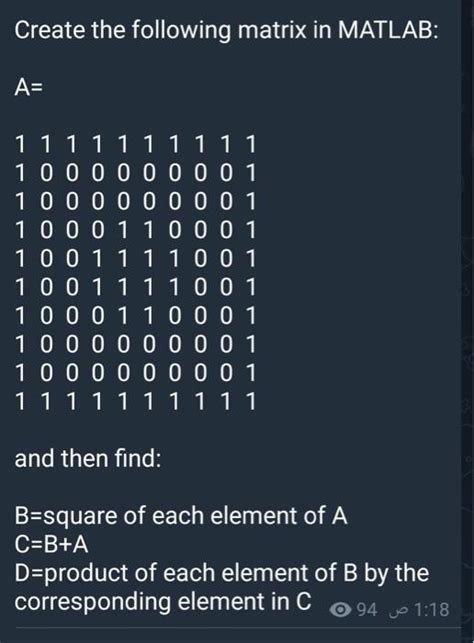 solved create the following matrix in matlab a 1 1 1 1 1 1