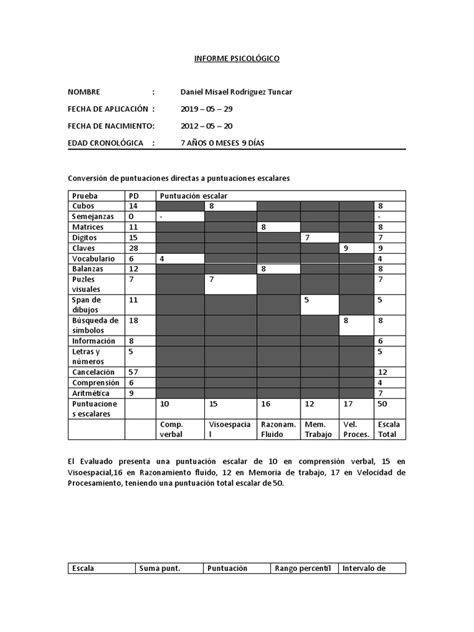 Informe Psicológico Wisc V Resumen Pdf
