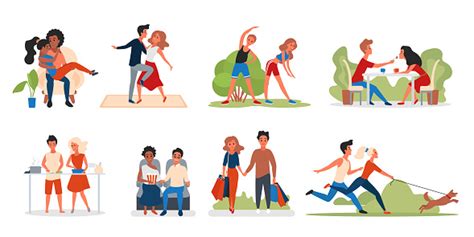 커플 사람들은 함께 시간을 보내고 행복한 남자 여자는 사랑 데이트에 저녁 식사를 포옹 스포츠에 대한 스톡 벡터 아트 및 기타 이미지 스포츠 저녁 식사 가방 Istock