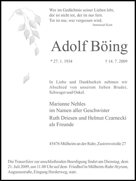 Traueranzeigen von Adolf Böing Trauer in NRW de