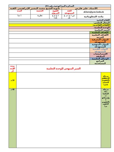 نموذج التخطيط لمذكرة درس ثانوي Pdf