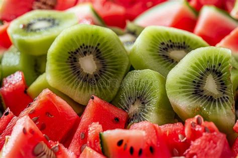 Fresh Cut Kiwi And Watermelon Pieces Closeup Healthy Eating Tropical