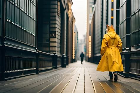 Premium AI Image A Man And A Woman Walking Down A Street In A Yellow