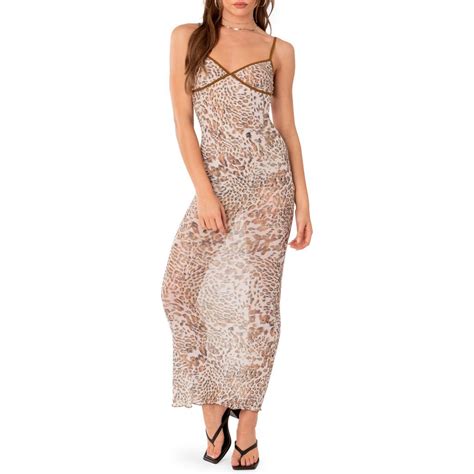 Edikted Print Sheer Mesh Slipdress Leopard Editorialist