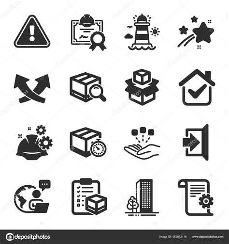 Set Industrial Icons Consolidation Buildings Lighthouse Symbols