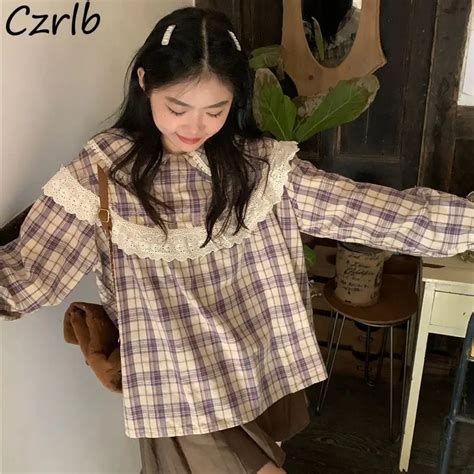 Шикарные милые клетчатые рубашки с воротником Питера Пэна женские модные кружевные молодые
