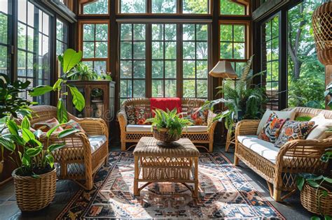 Cozy Sunroom Filled Plants Wicker Furniture Stock Photos Free