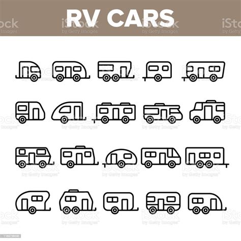 컬렉션 Rv 캠퍼 자동차 자동차 아이콘 세트 벡터 차량 트레일러에 대한 스톡 벡터 아트 및 기타 이미지 차량 트레일러 0명