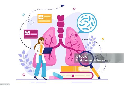 호흡기 감염 벡터 의료 배경에 있는 바이러스 세포와 폐의 염증 그림 플랫 만화 손으로 그린 템플릿 감기와 독감에 대한 스톡 벡터 아트 및 기타 이미지 Istock
