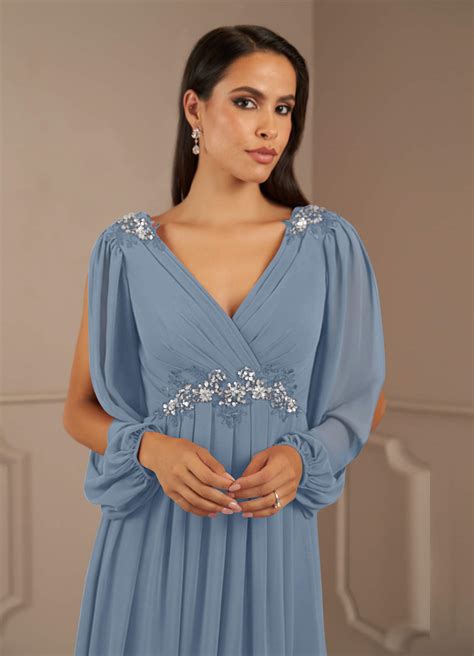 Dusty Blue Azazie Gypsy A Line V Neck Sequins Chiffon Floor Length