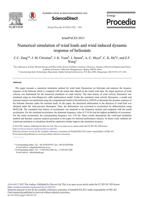 Pdf Numerical Simulation Of Wind Loads And Wind Induced Dynamic Response Of Heliostats