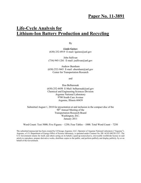 Pdf Paper No 11 3891 Life Cycle Analysis For Lithium Ion Battery Production And Recycling