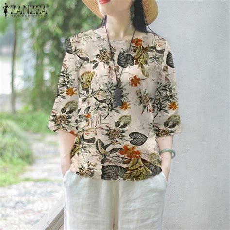 Zanzea Summer Women Short Sleeve O Neck Tops Vintage Printed Shirt Tee