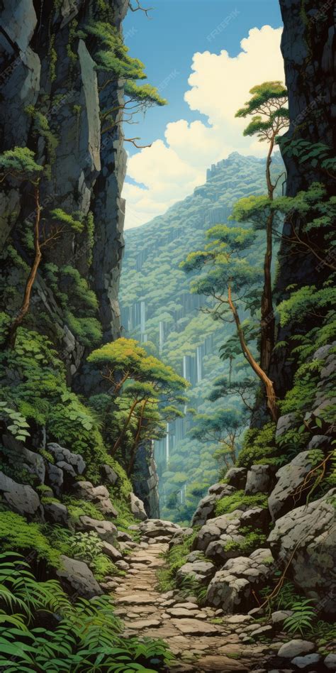 Premium Photo Mystical Stone Path Leading To A Waterfall In The Style Of Miyazaki Hayao