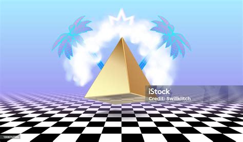 열대 야자수로 둘러싸인 황금 피라미드 위에 구름이나 증기 아치가 있는 증기 포스터 체크 바닥 위에 90 년대 스타일의 초현실적 인 증기파 추상화 3차원 형태에 대한 스톡