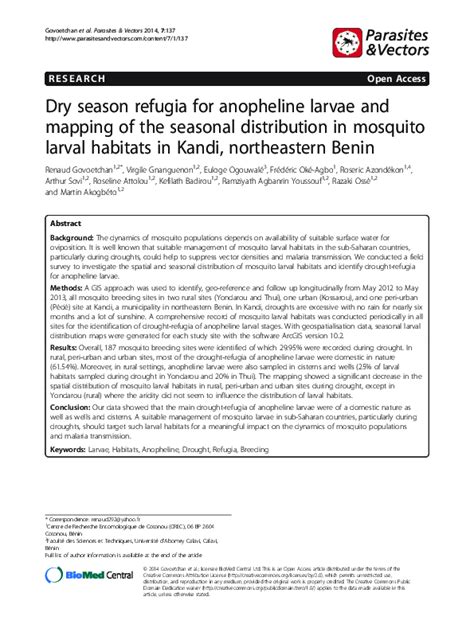 Pdf Dry Season Refugia For Anopheline Larvae And Mapping Of The Seasonal Distribution In