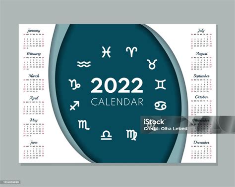 2022 달력 템플릿 조디악 표지판달력 컨셉 디자인 주는 일요일에 시작됩니다 0명에 대한 스톡 벡터 아트 및 기타 이미지 0명 2022년 개념 Istock