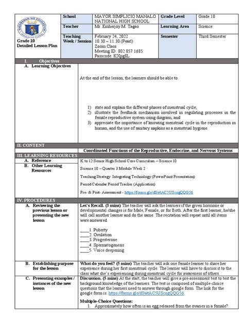 G10 Science Dlp Cot Pdf Menstrual Cycle Reproduction