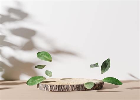 흰색 배경에 나뭇잎이 날아다니는 나무 연단 제품 화장품 프레젠테이션을 위한 천연 연단 모의 받침대 또는 미용 제품용 플랫폼 빈 장면 3d 렌더링 프리미엄 사진