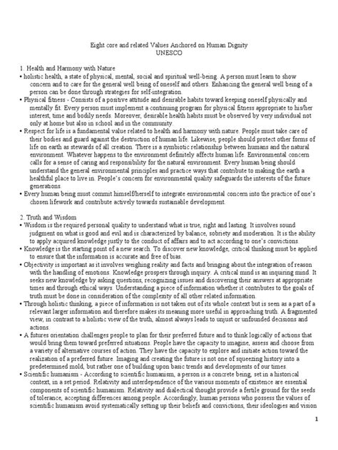 Eight Core And Related Values Anchored On Human Dignity Formatted Pdf
