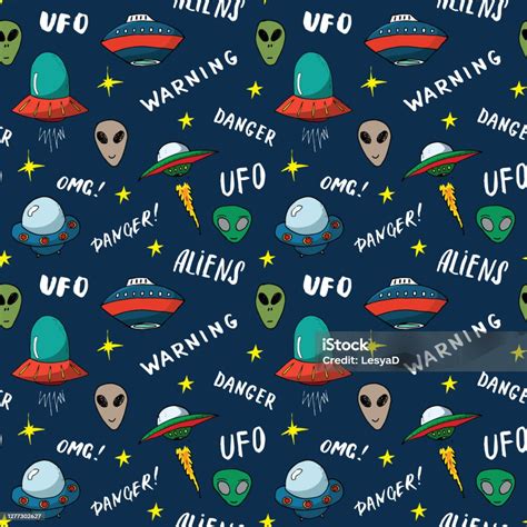 Ufo와 외계인 원활한 패턴 귀여운 낙서 우주선 스케치 손으로 그린 만화 벡터 일러스트레이션 0명에 대한 스톡 벡터 아트 및
