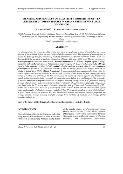 PDF Bending And Modulus Of Elasticity Properties Of Ten Lesser Used Timber Species In Ghana