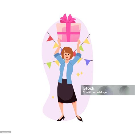 머리 위에 큰 선물 상자를 들고 있는 여자 흰색 배경에 고립된 평면 벡터 그림 생일 파티와 휴일 축하 개념 선물 주고받는 것 감정에 대한 스톡 벡터 아트 및 기타 이미지