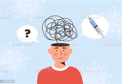 남성은 혼란스러워합니다 코비드19 예방 접종에 대해 생각하는 남자 코로나바이러스 백신을 고려 사출 샷과 물음표 플랫 스타일로